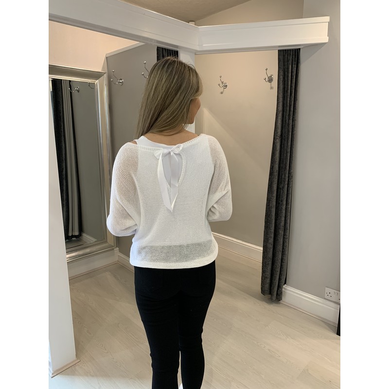 Lucy Cobb Satin Bow Back Jumper in White