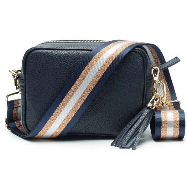 Elie Beaumont Leather Crossbody Bag in Navy with Navy Copper Stripes