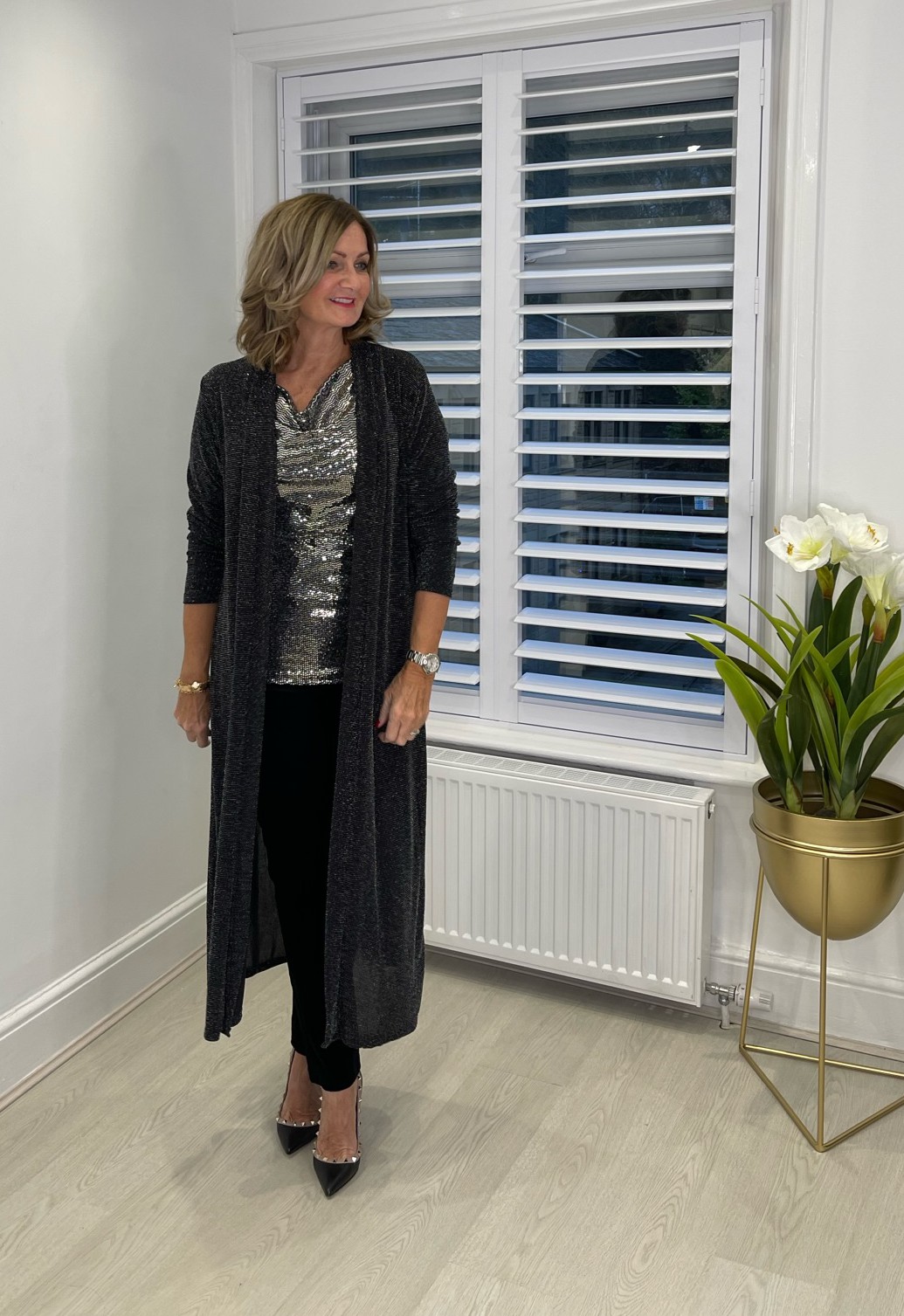 Lucy Cobb Noelle Sequin Cowl Neck Top in Silver