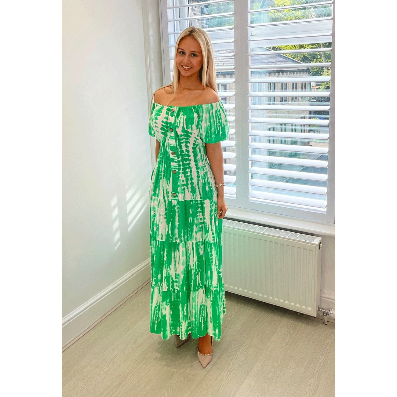 Lucy Cobb Bianca Bardot Maxi Dress in Emerald