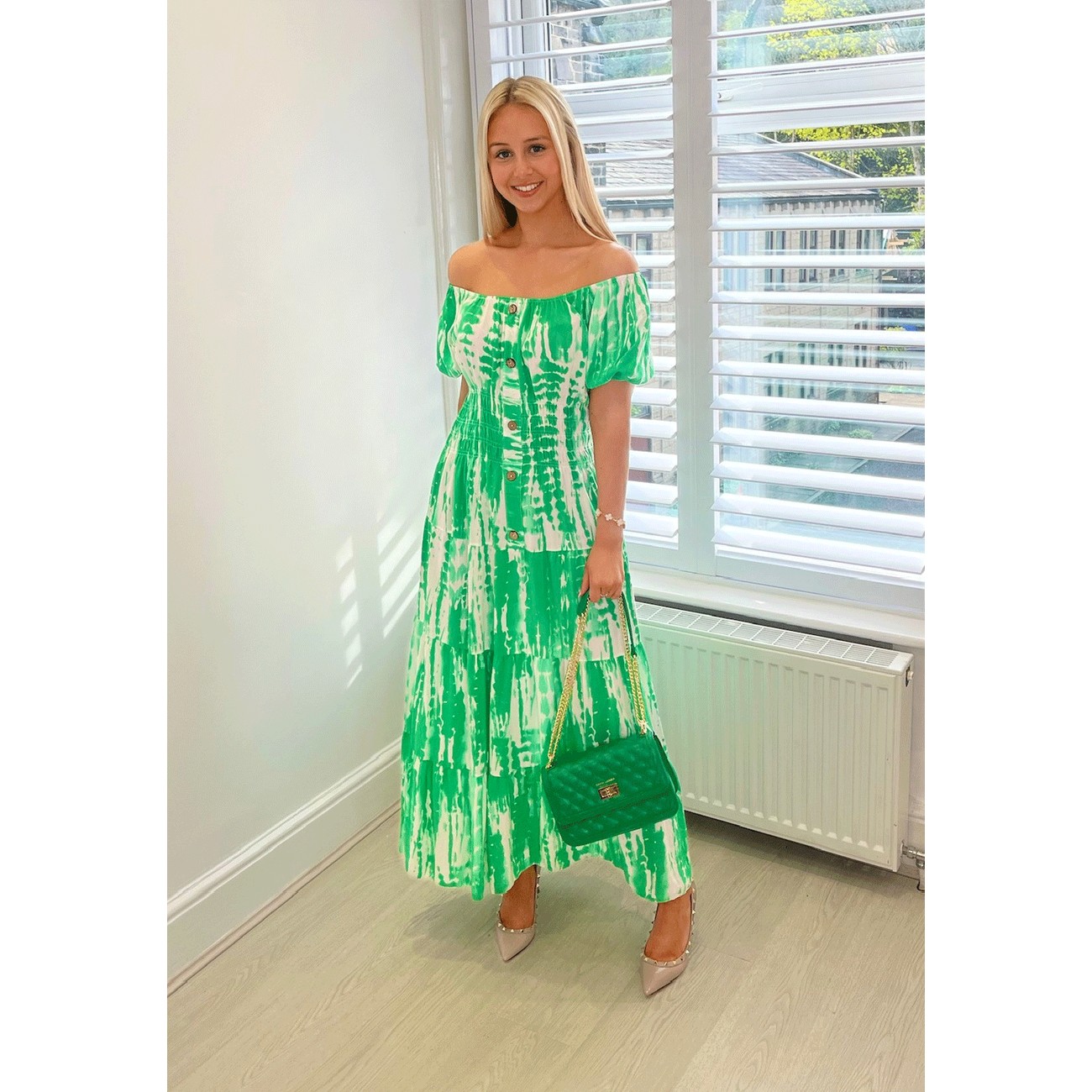 Lucy Cobb Bianca Bardot Maxi Dress in Emerald