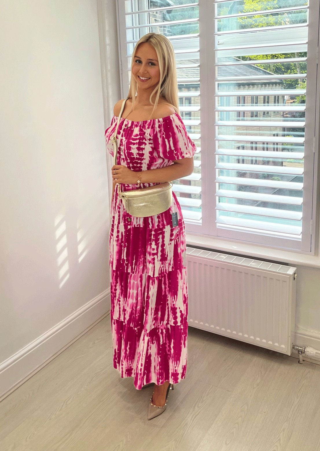 Lucy Cobb Bianca Bardot Maxi Dress in Fuchsia