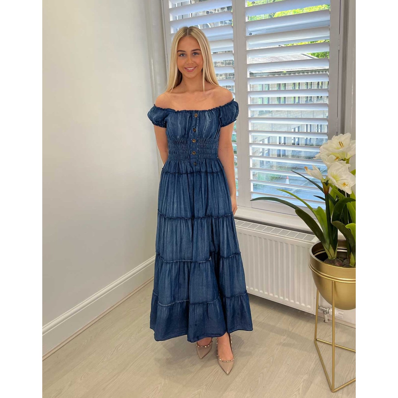 Lucy Cobb Elaina Bardot Denim Midi Dress in Dark Denim