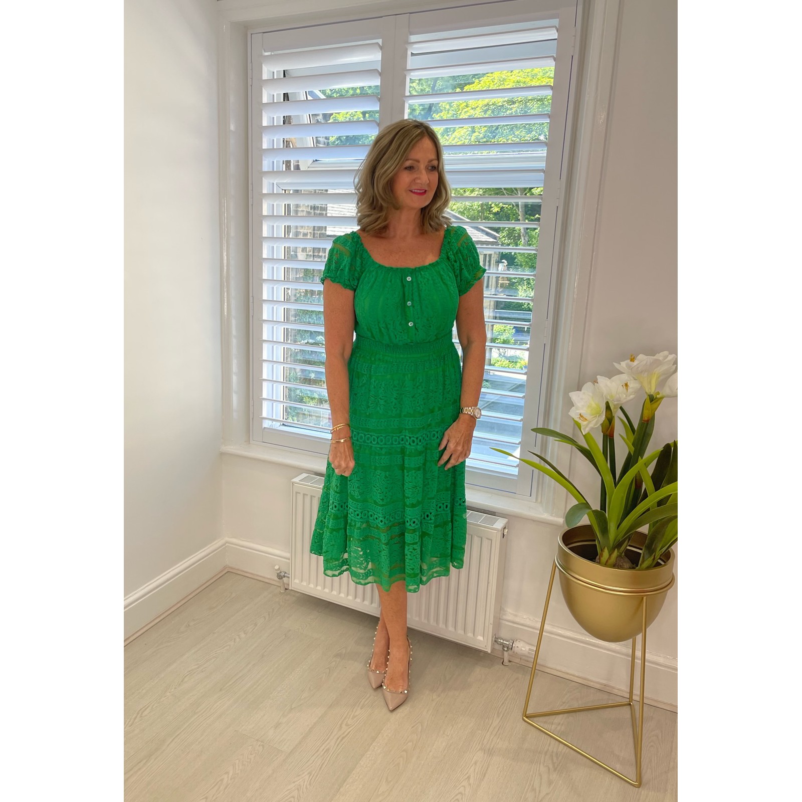 Lucy Cobb Lucca Lace Bardot Midi Dress in Emerald