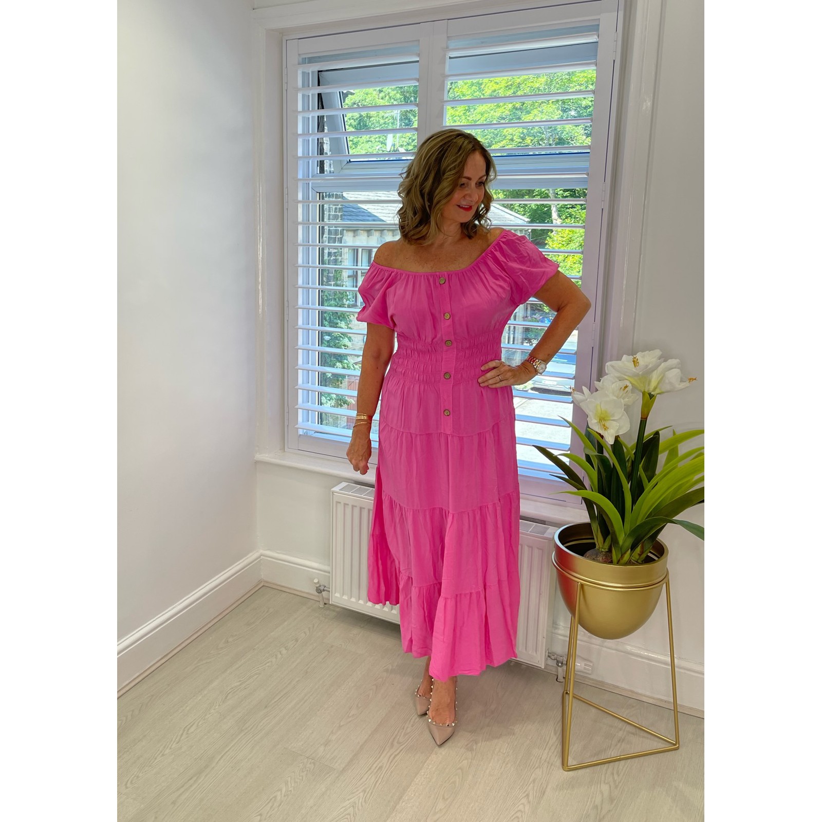 Lucy Cobb Bianca Plain Bardot Maxi Dress in Bubblegum Pink