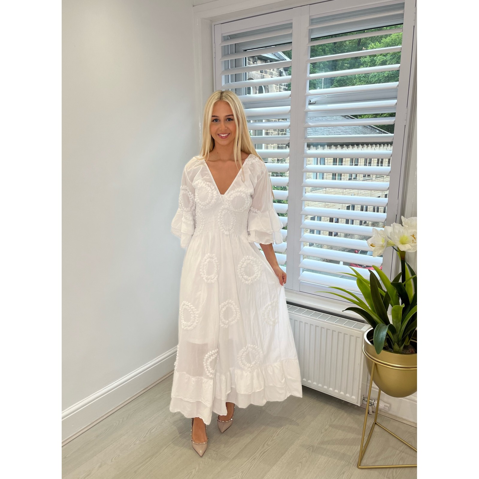 Lucy Cobb Eleanor Shirred Waist Maxi Dress in White