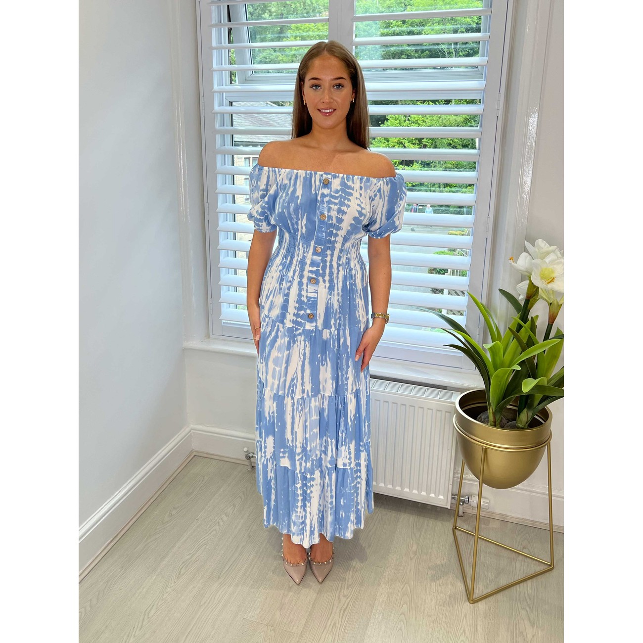 Lucy Cobb Bianca Bardot Maxi Dress in Light Blue