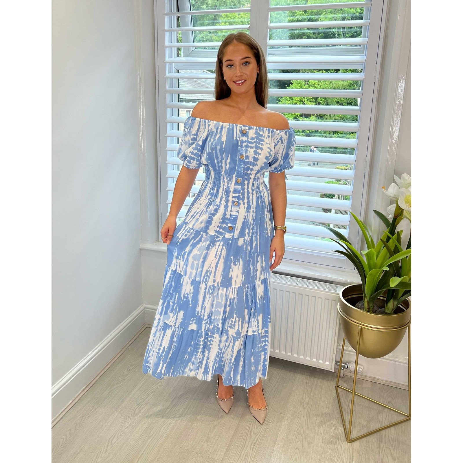 Lucy Cobb Bianca Bardot Maxi Dress in Light Blue