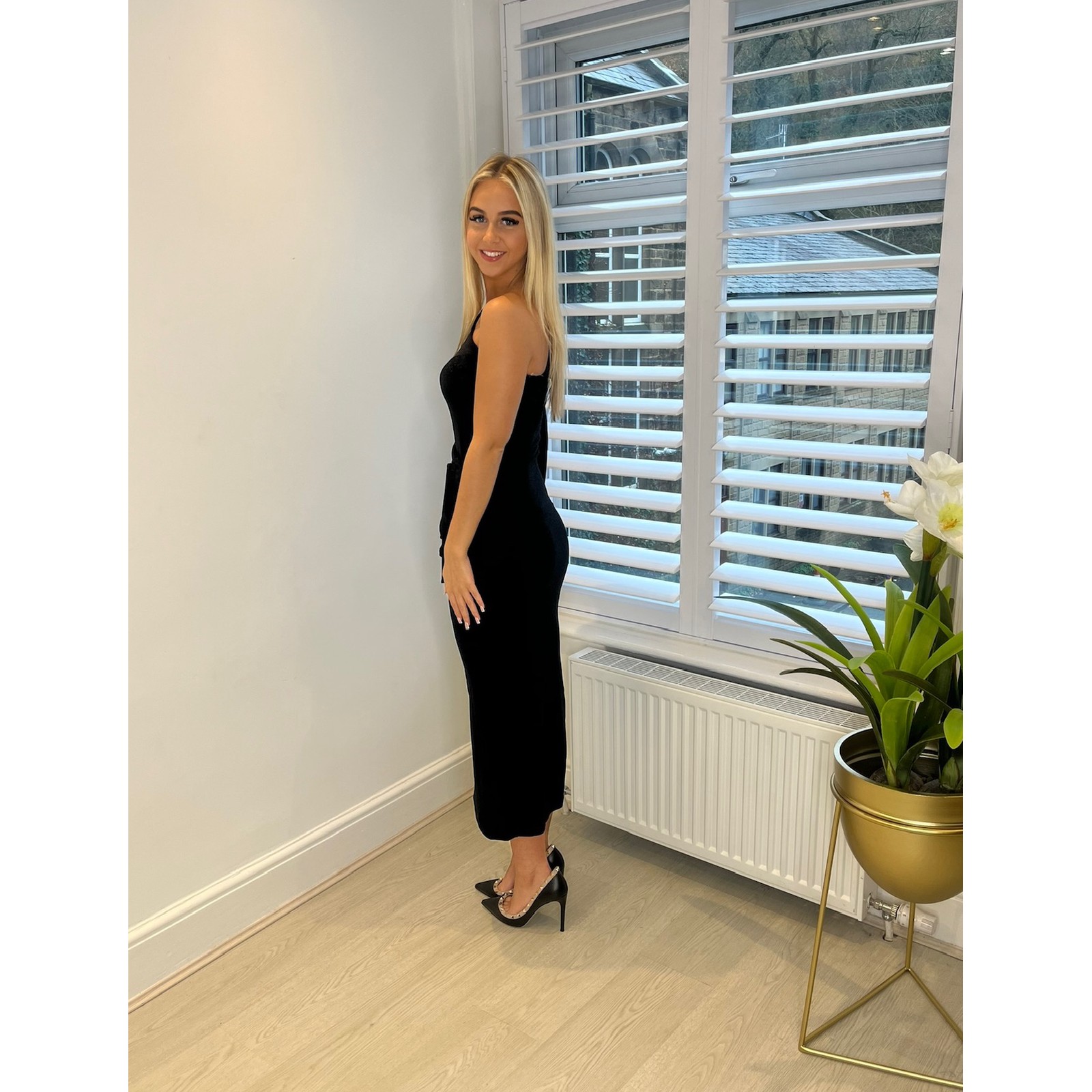 Lucy Cobb Evie One Shoulder Sparkle Midi Dress in Black