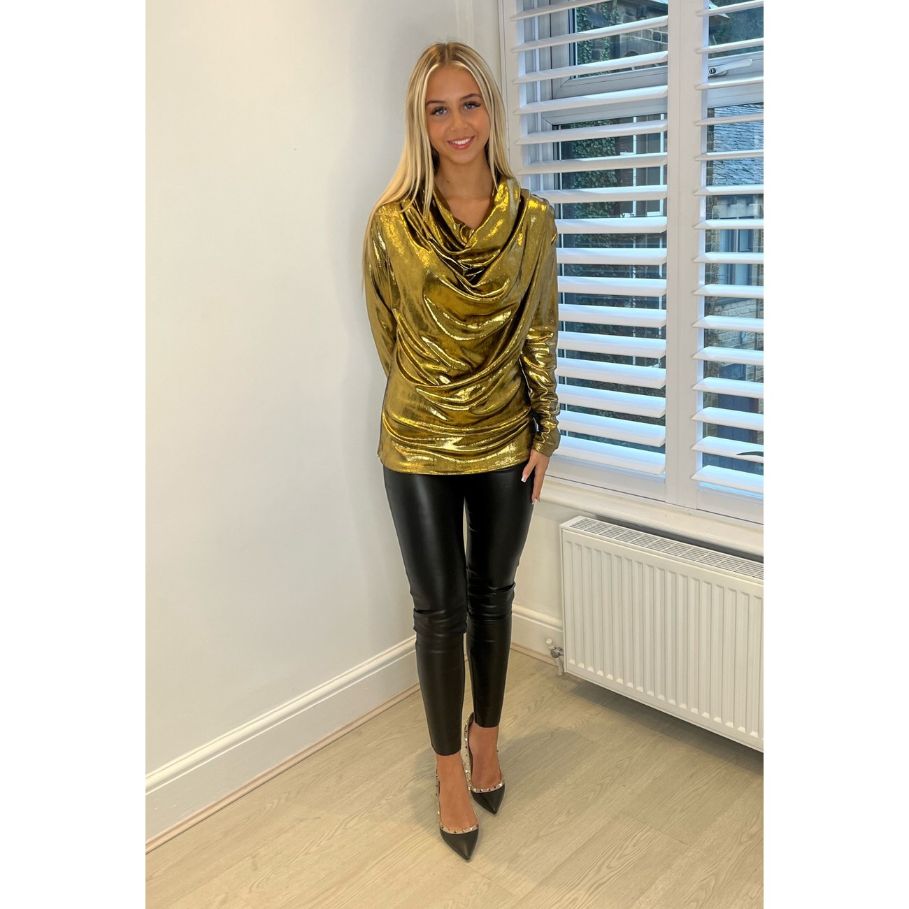Lucy Cobb Millie Metallic Cowl Neck Top in Gold
