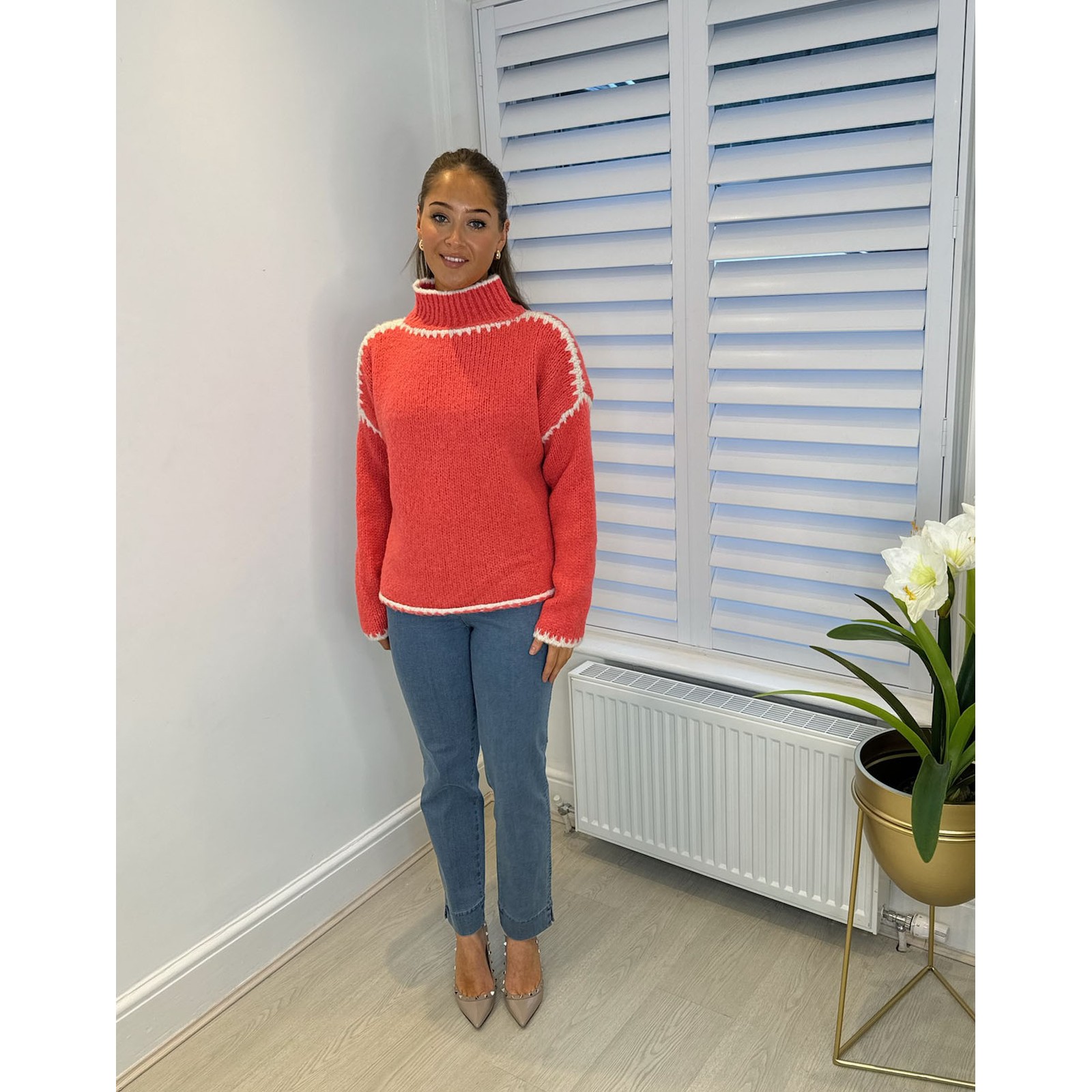 Lucy Cobb Aria Contrast Stitch Jumper in Coral