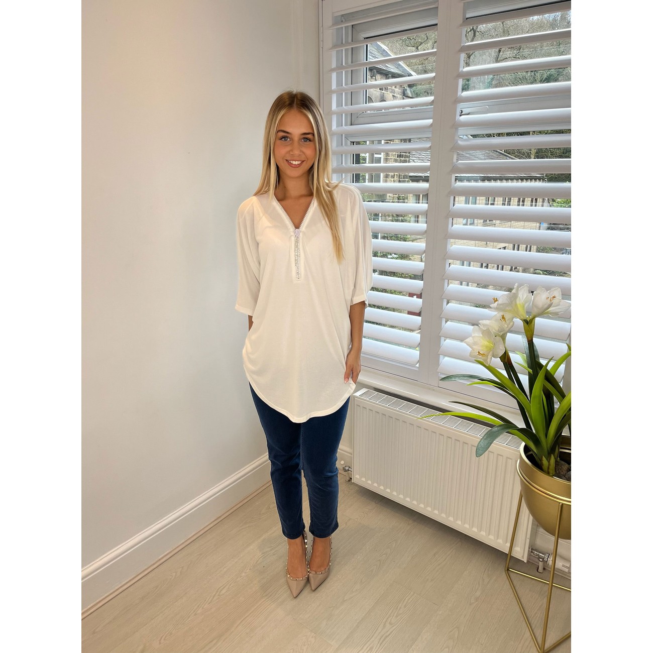 Lucy Cobb Diamante Zip Front Top in Ivory