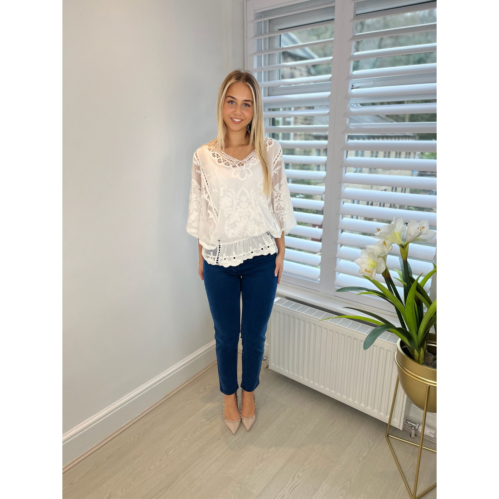 Lucy Cobb Natalie Net Sleeve Top in White