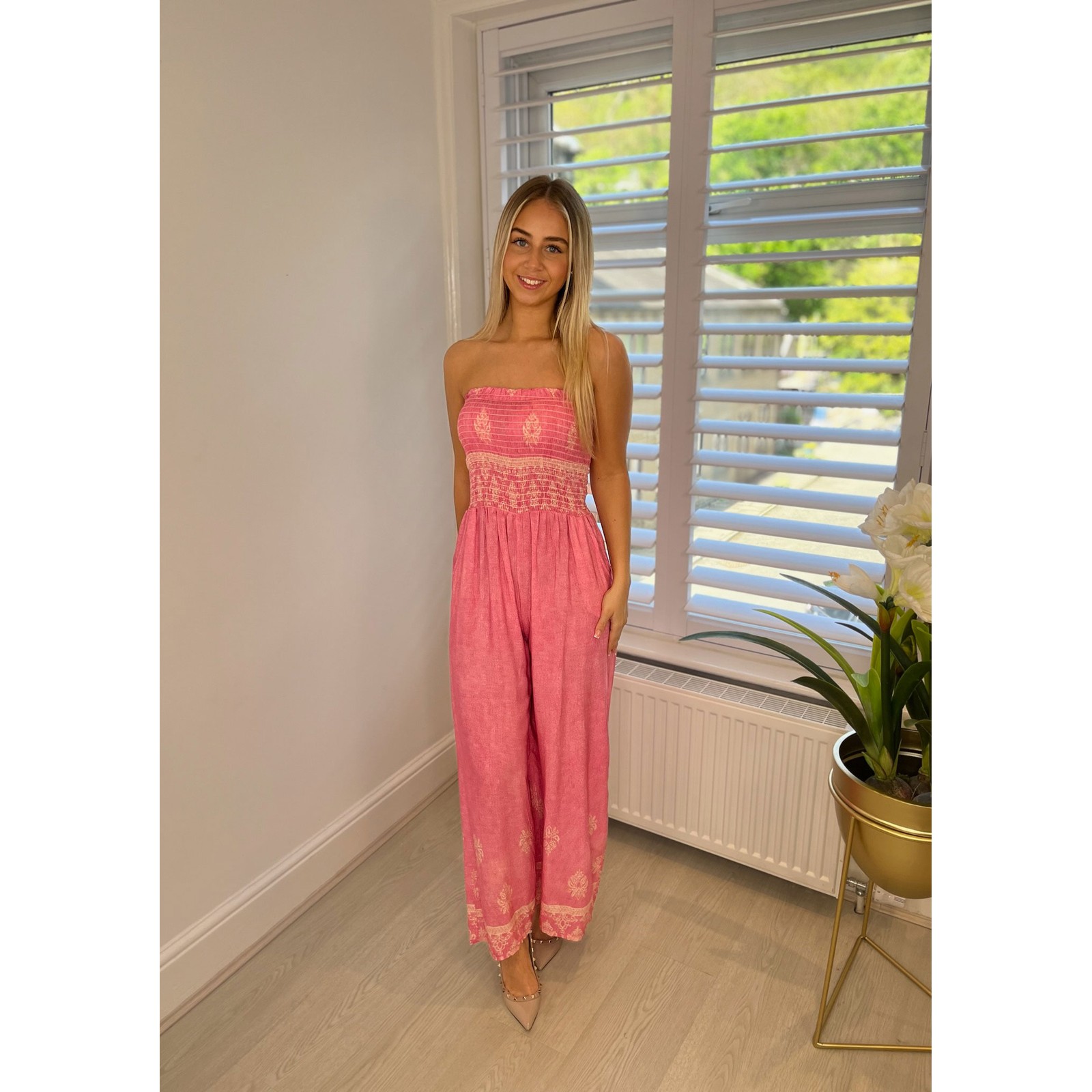 Lucy Cobb Delilah Bandeau Jumpsuit in Bubblegum Pink