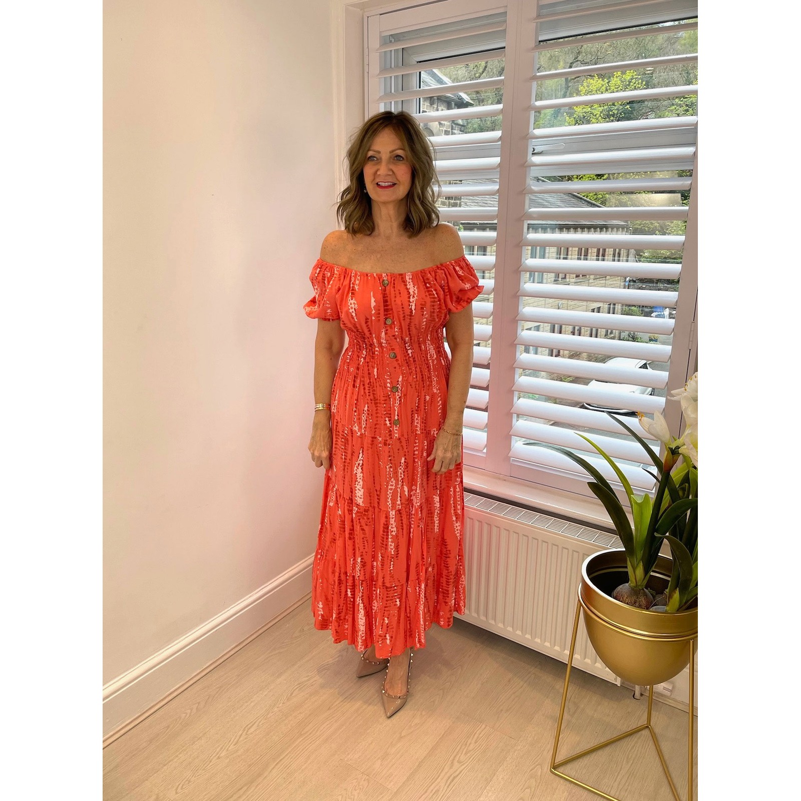 Lucy Cobb Bianca Bardot Midi Dress in Coral