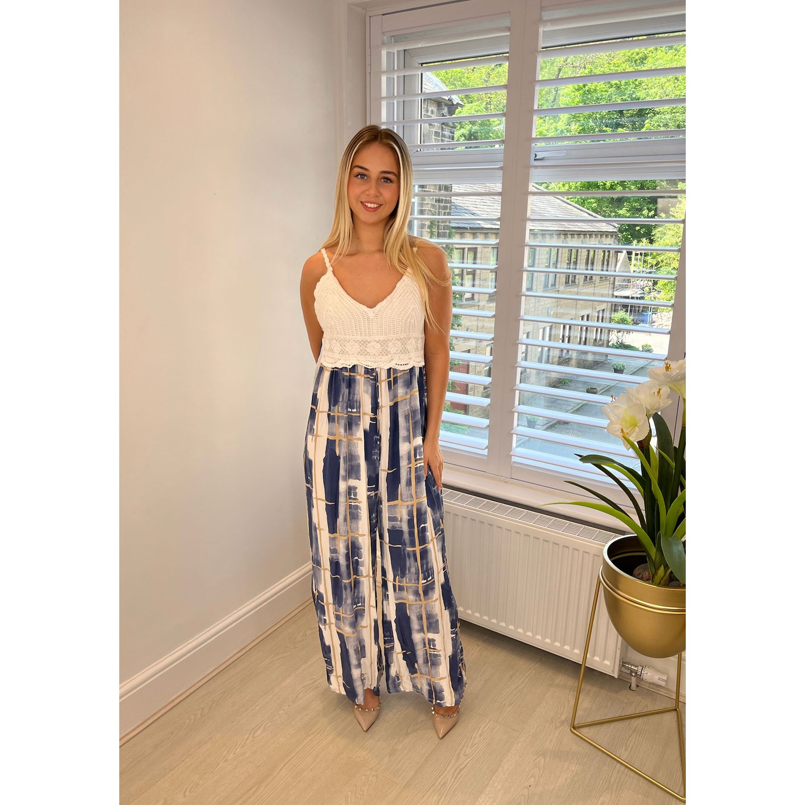 Lucy Cobb Colette Crochet Top Jumpsuit in Denim Blue