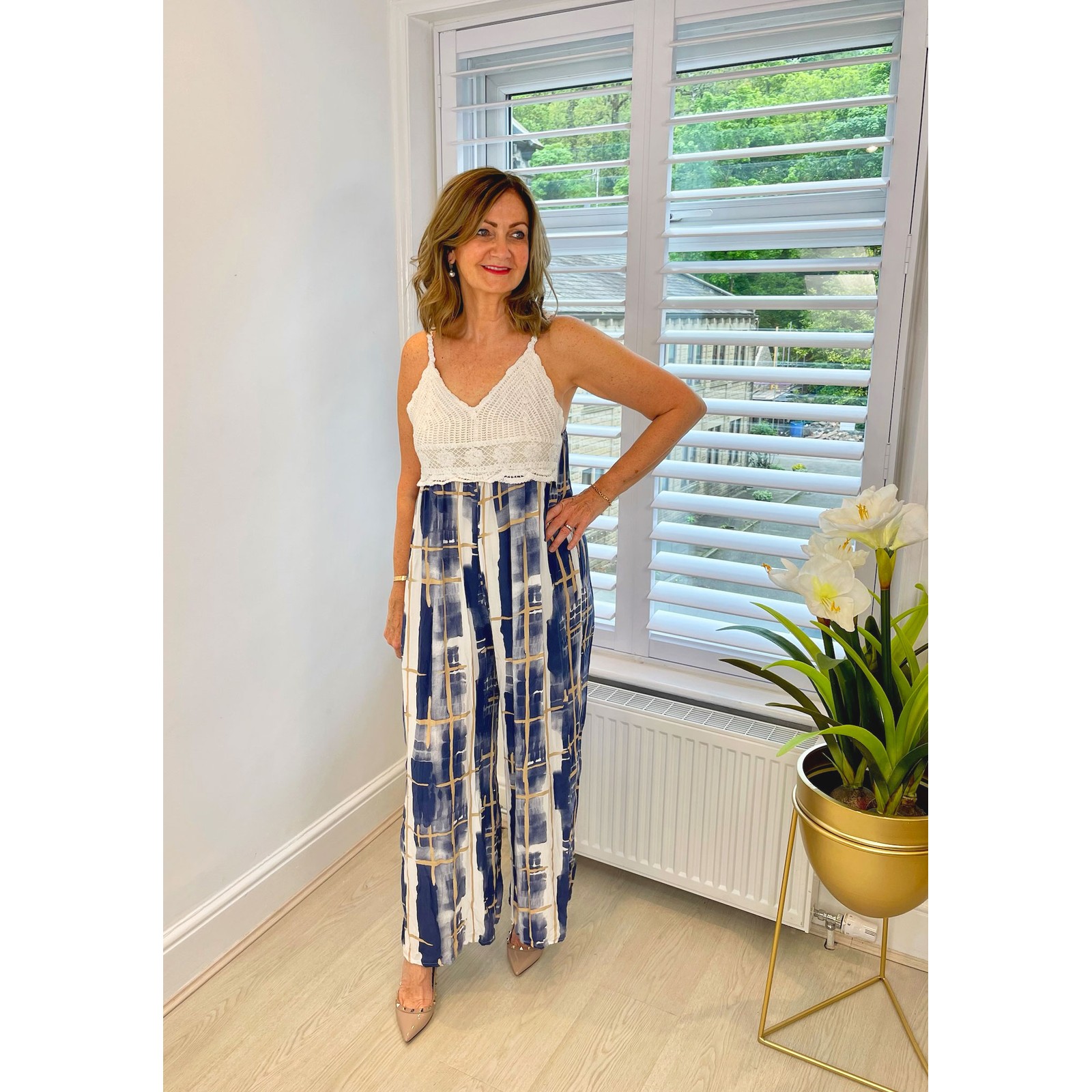 Lucy Cobb Colette Crochet Top Jumpsuit in Denim Blue