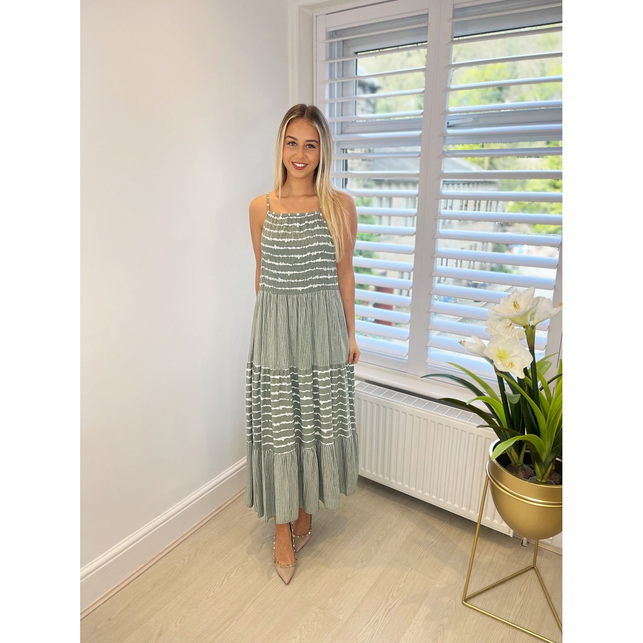 Lucy Cobb Cindy Striped Midi Dress in Khaki