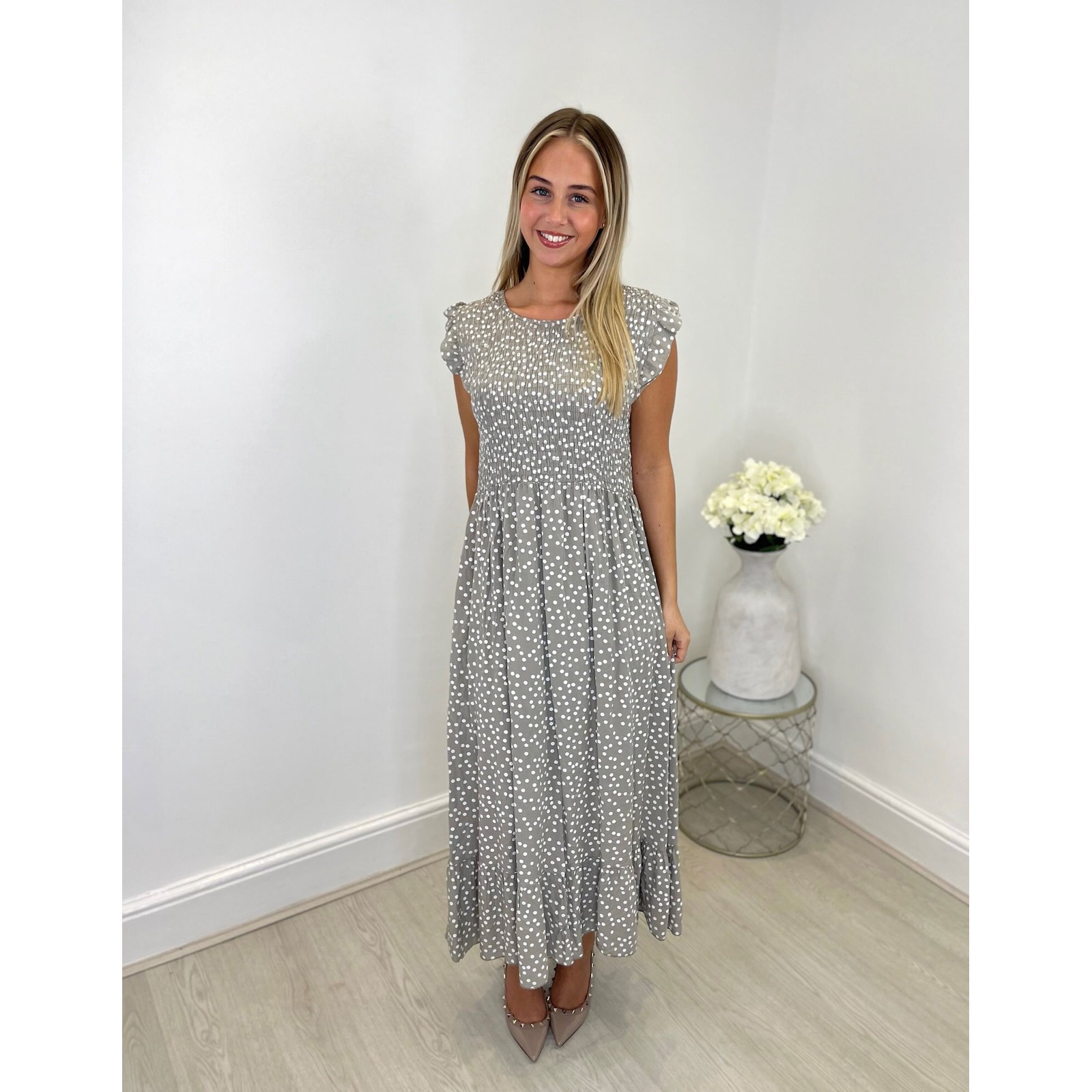 Lucy Cobb Dahlia Frill Polka Dot Midi Dress in Mocha