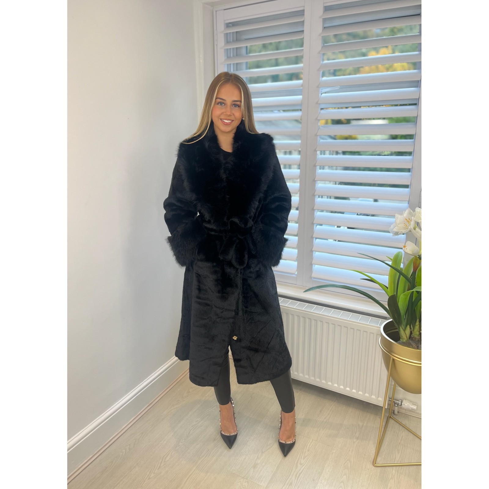 Malissa J Maria Faux Fur Belted Coat in Black
